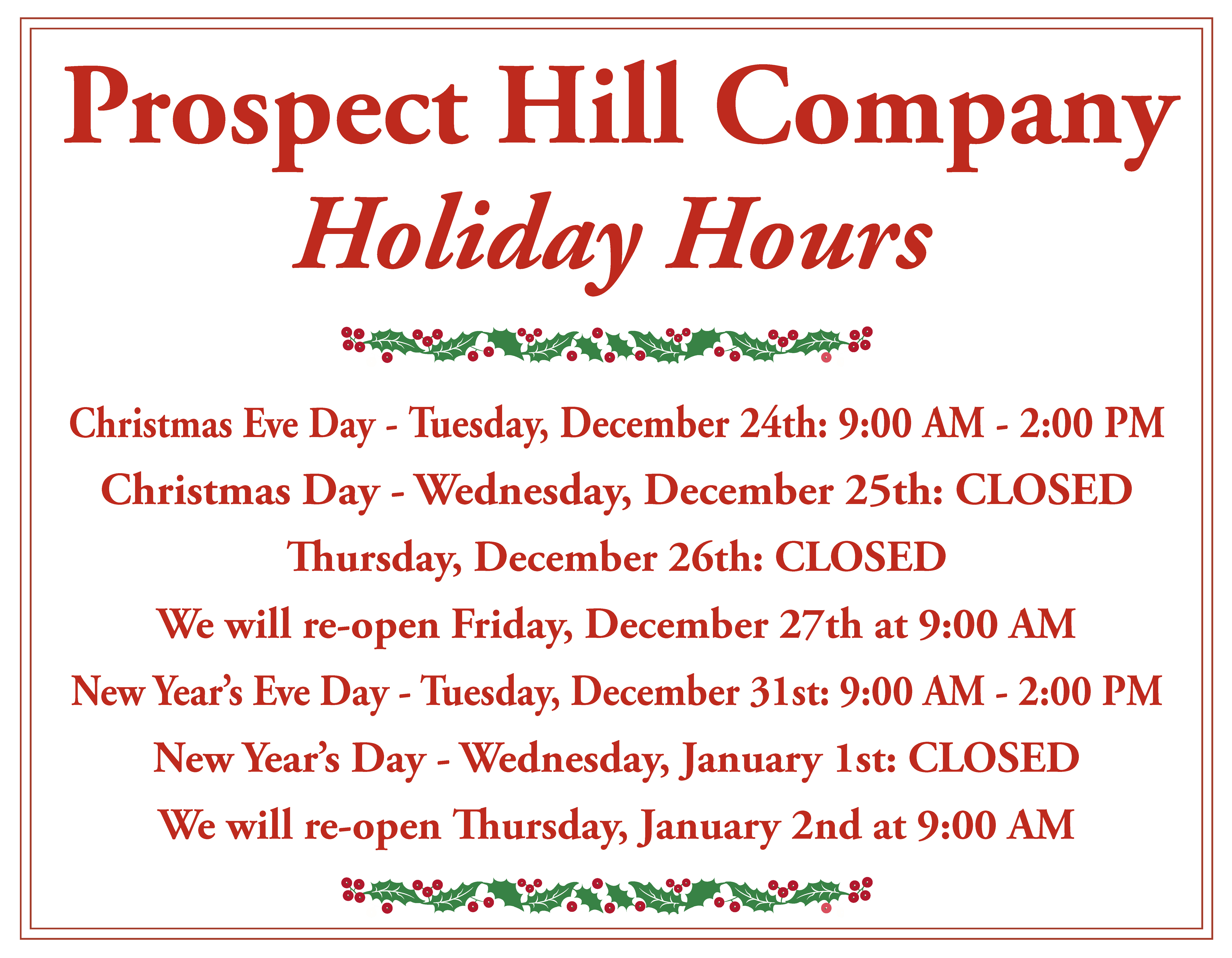 PHC-Holiday-Hours-2019 – Prospect Hill Co.